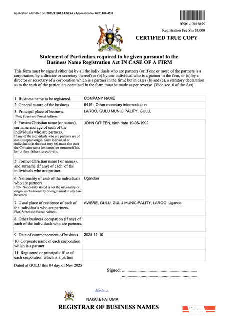Uganda business name registration certificate Word and PDF template ...