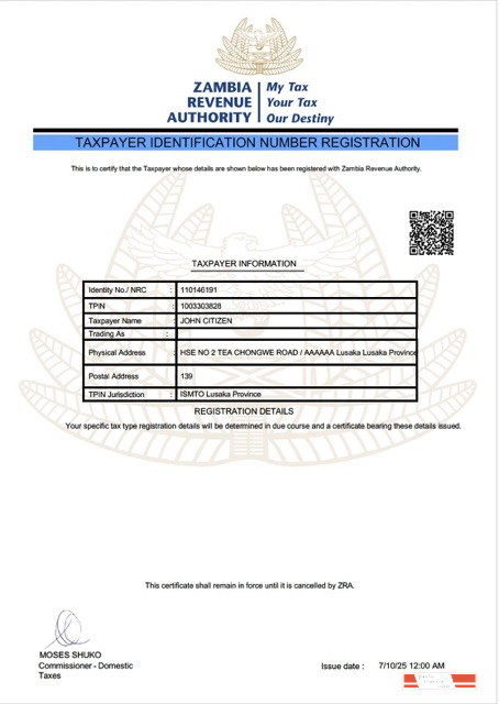 Zambia taxpayer identification number registration Word and PDF template
