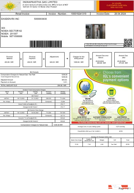 India INDRAPRASTHA GAS LIMITED business utility bill template in Word ...