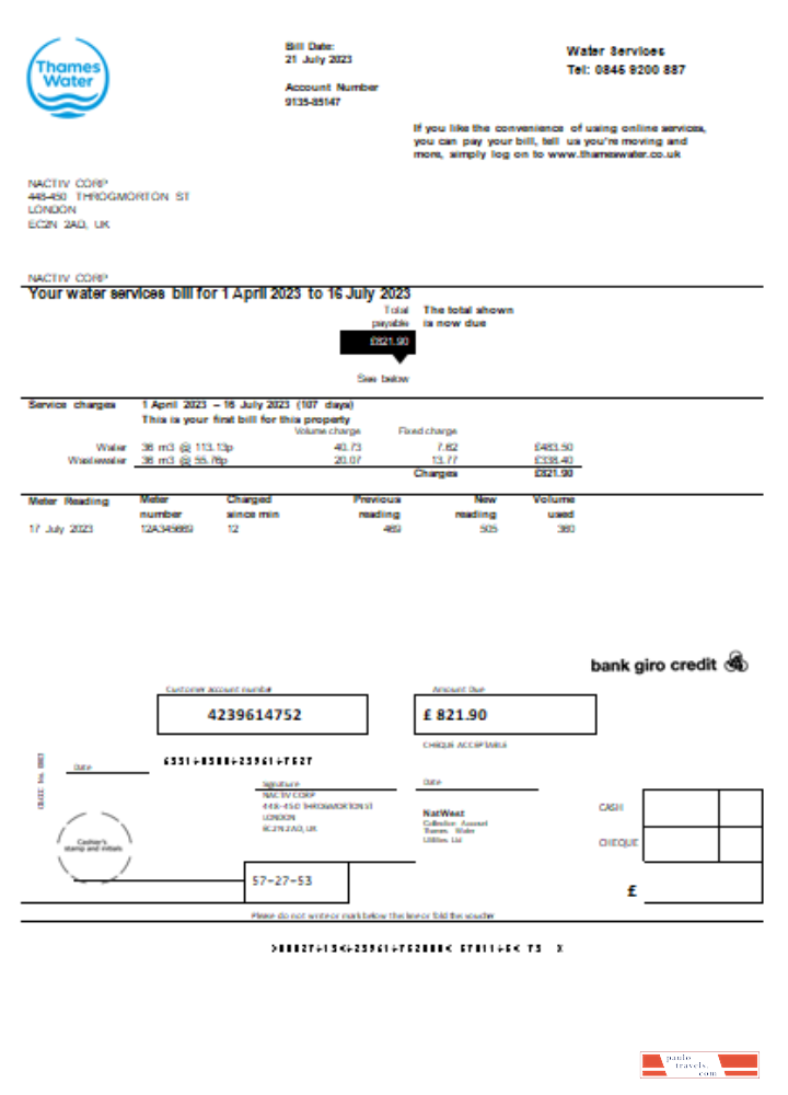 Thames Water utility business bill, SCR PSD template