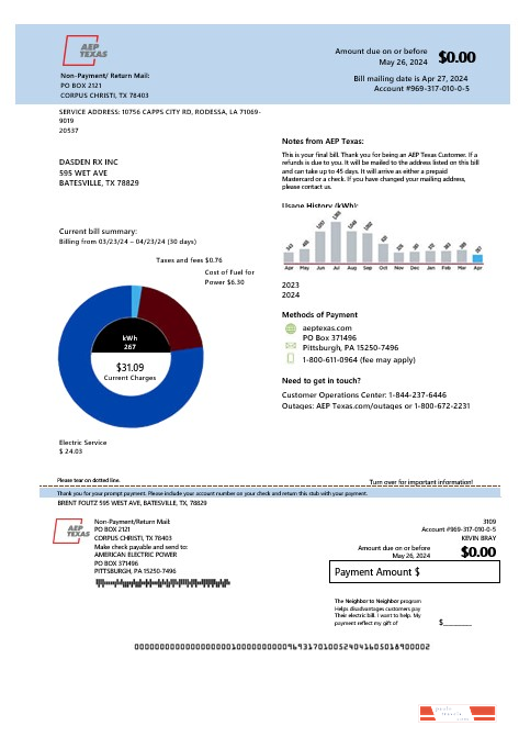 USA AEP Texas electricity business utility bill template in Word and ...