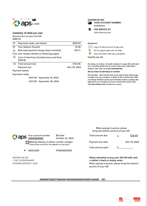 USA Arizona APS electricity proof of address business utility bill ...
