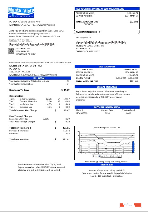 USA California Monte Vista Water District business utility bill ...