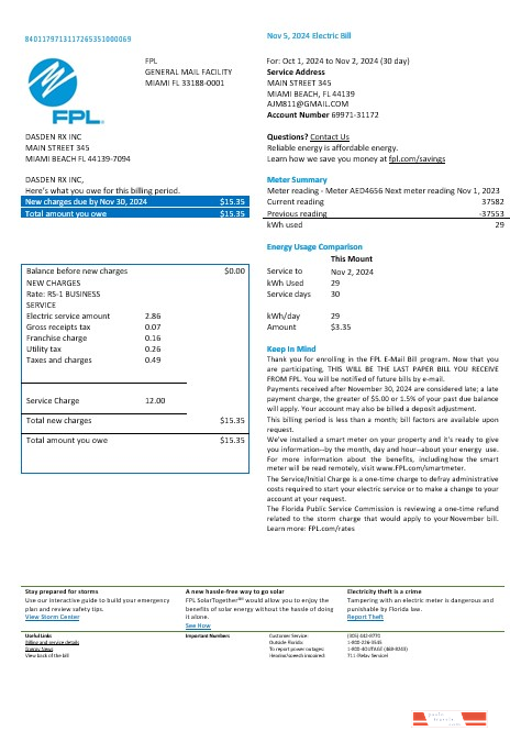 USA Florida FPL electricity business utility bill Word and PDF formats ...