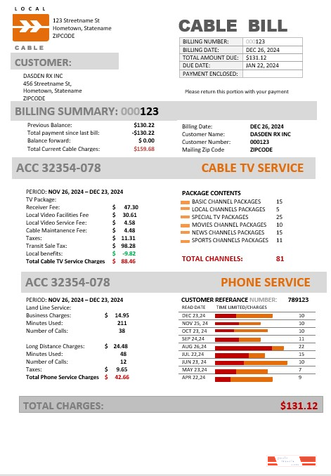 USA Marine Local Cable business utility bill template in Word and PDF ...