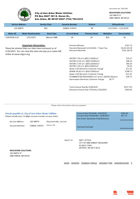 USA Michigan City of Ann Arbor Water Utilities business utility bill ...