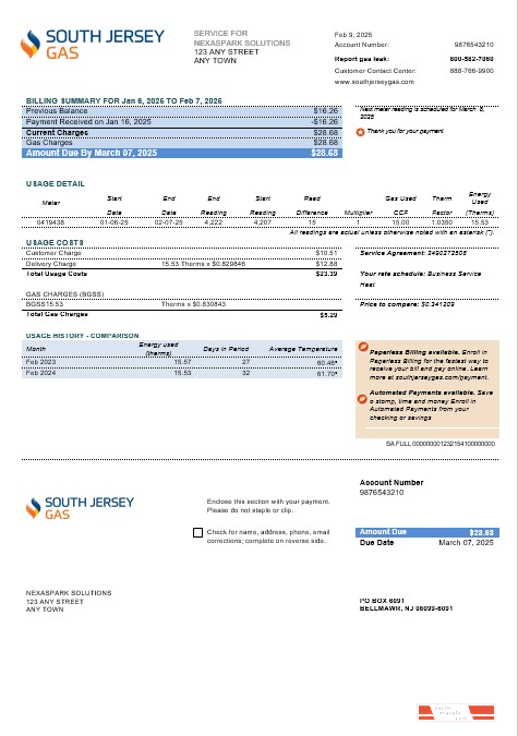 USA New Jersey South Jersey Gas business utility bill template in Word ...