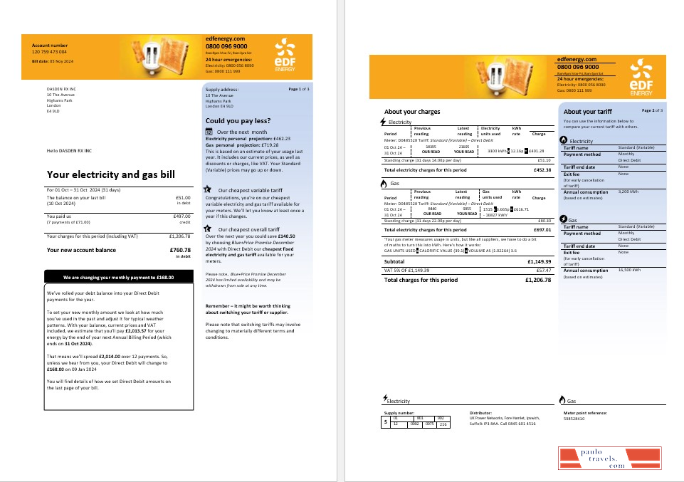 United Kingdom EDF business utility bill template in Word and PDF ...