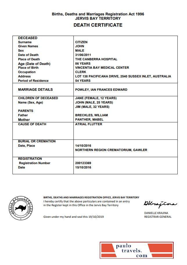 Australia Jervis Bay territory death certificate template in Word and ...