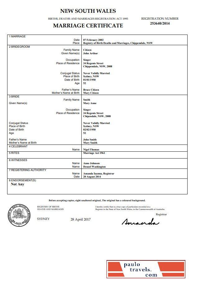 Australia New South Wales marriage certificate template in Word