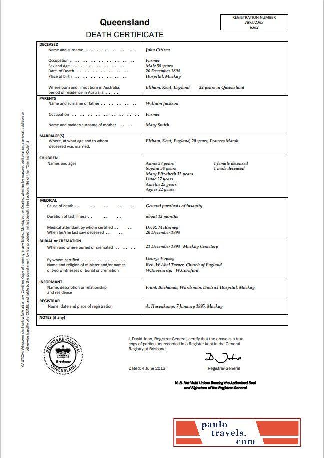 Australia Queensland death certificate template in Word