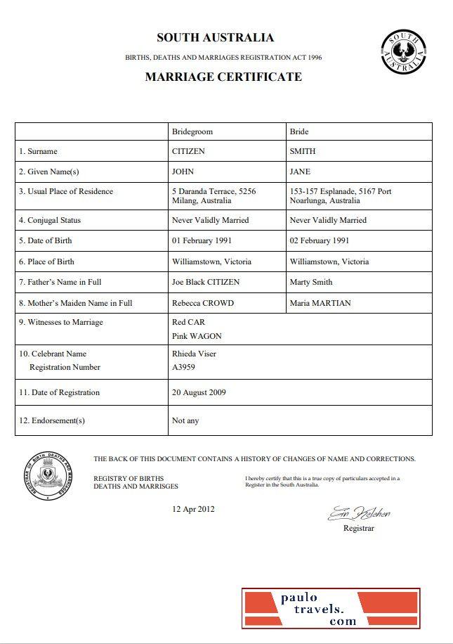Australia South Australia marriage certificate template in Word