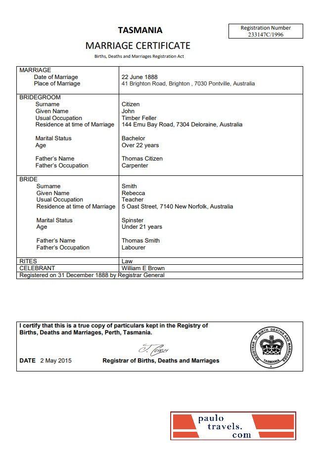 Australia Tasmania marriage certificate template in Word