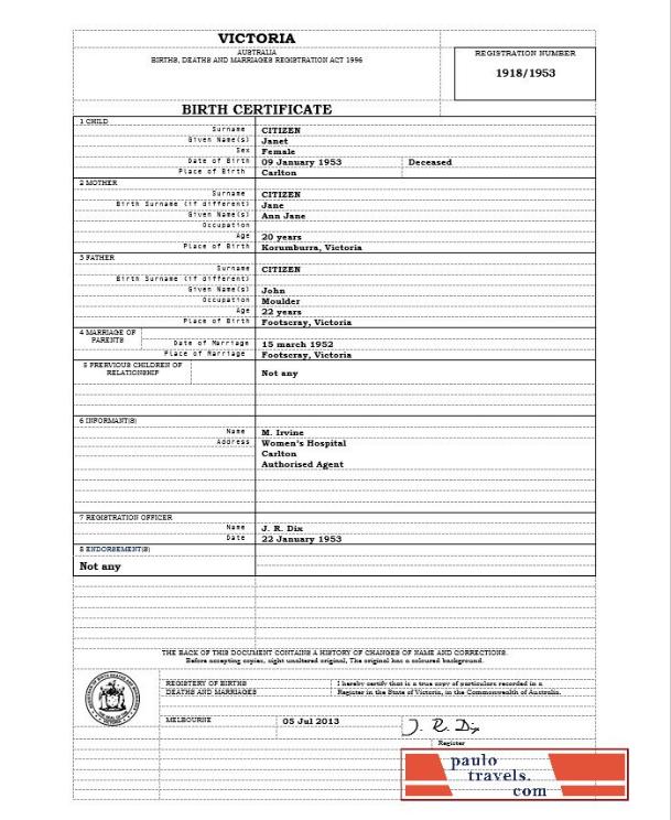 Australia Victoria birth certificate template in Word format, version 1