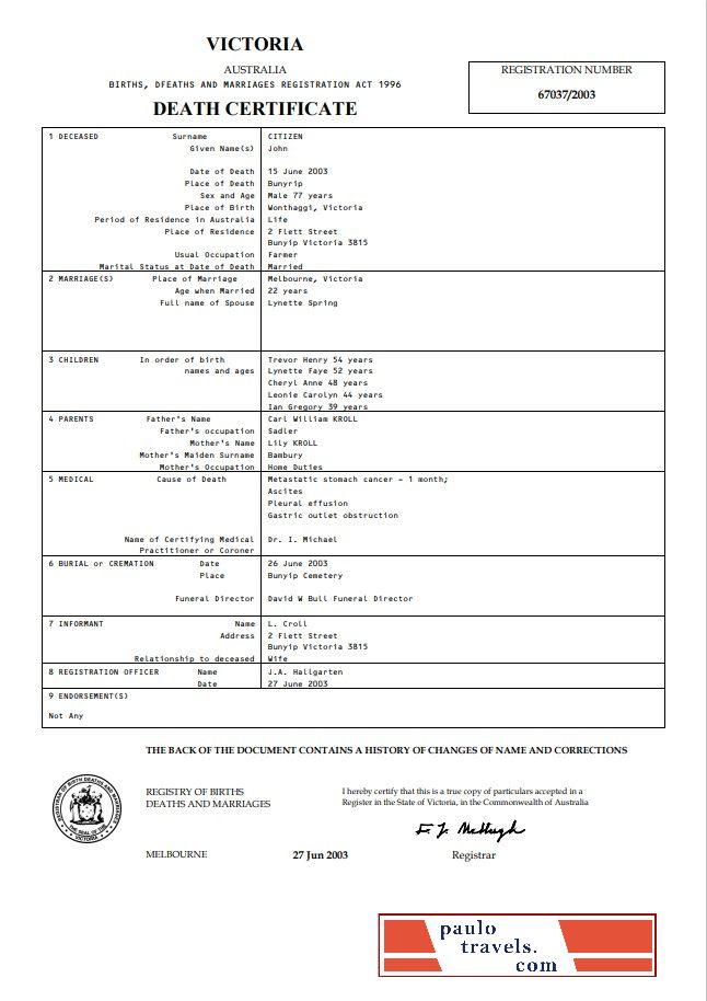 Australia Victoria death certificate template in Word format