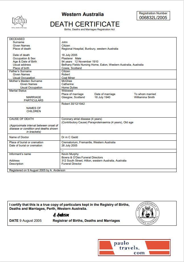 Australia Western Australia death certificate template in Word