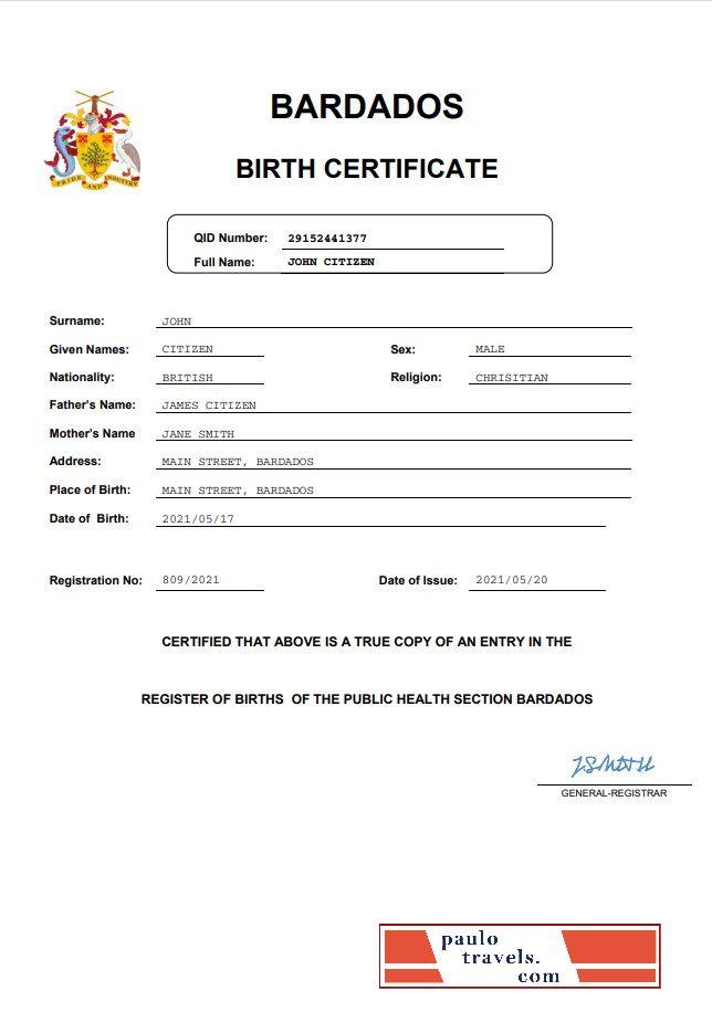 Barbados birth certificate template in Word and PDF