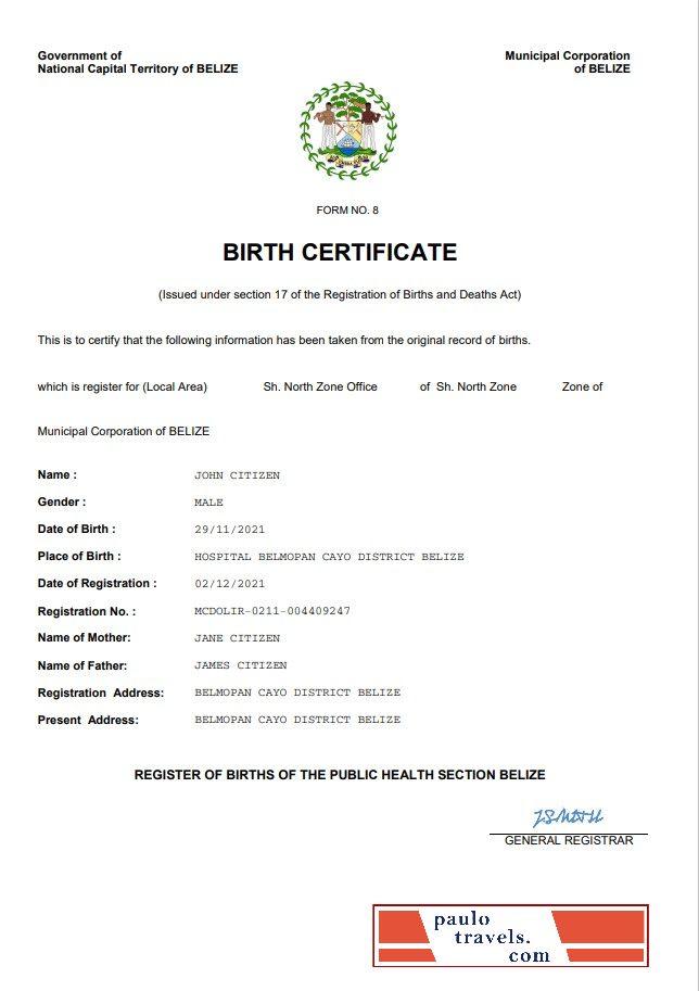 Belize vital record birth certificate Word and PDF template