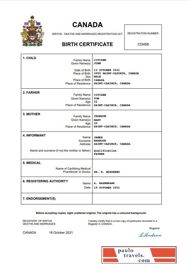 Canada birth certificate Word and PDF template