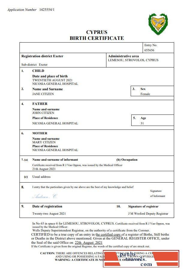 Cyprus birth certificate Word and PDF template