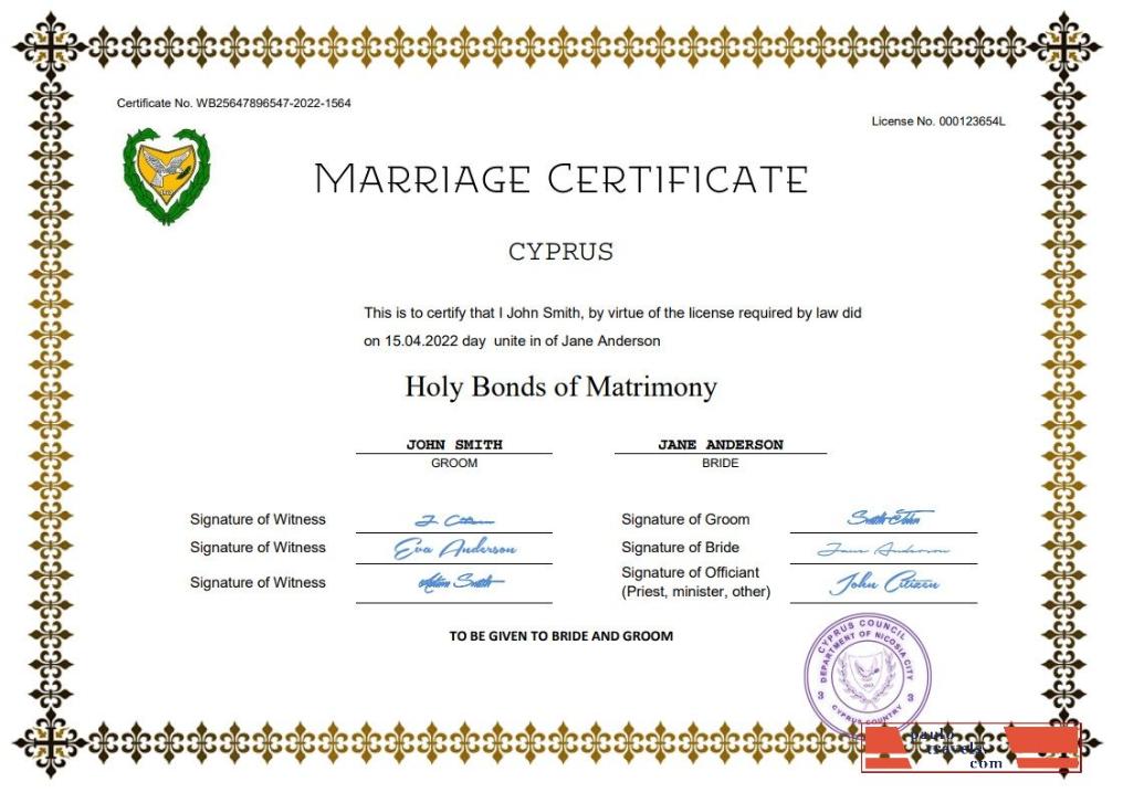 Cyprus marriage certificate Word and PDF template