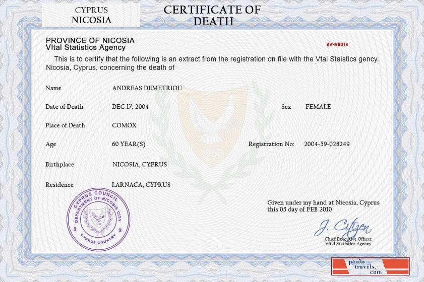 Cyprus vital record death certificate PSD template