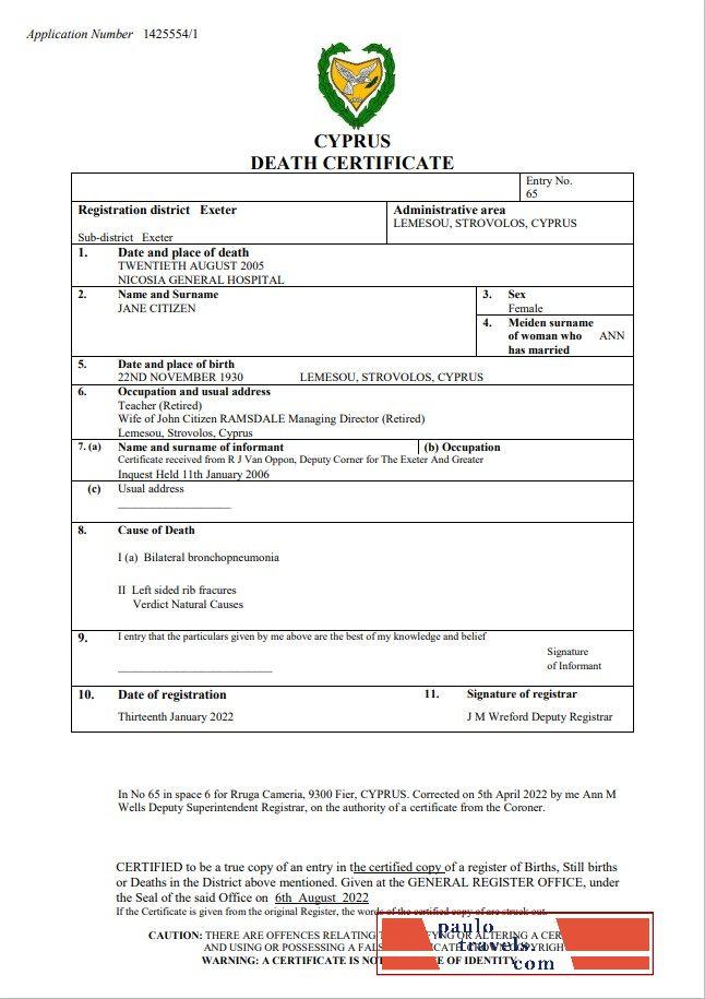 Cyprus vital record death certificate Word and PDF template