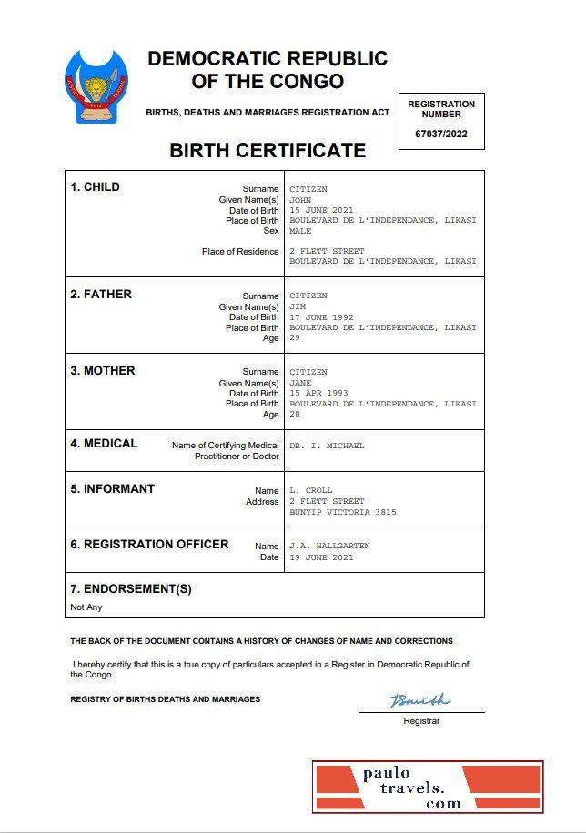 Democratic Republic of the Congo birth certificate Word and PDF template