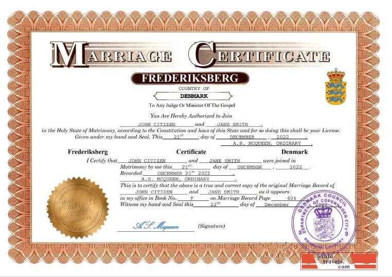 Denmark marriage certificate Word and PDF template