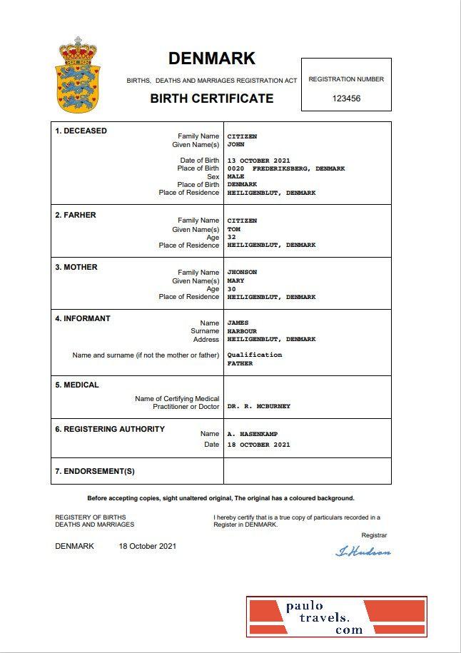 Denmark vital record birth certificate Word and PDF template