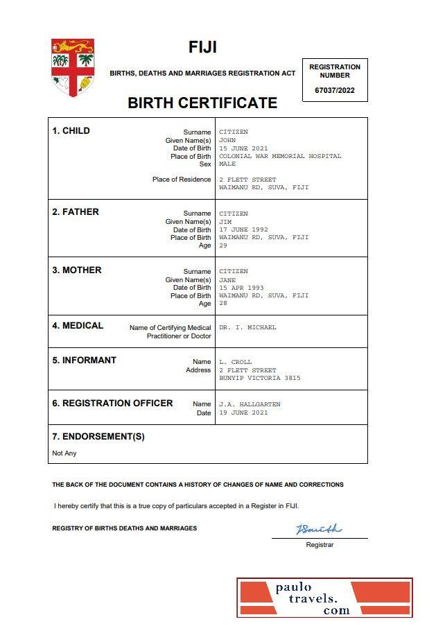 Fiji birth certificate Word and PDF template
