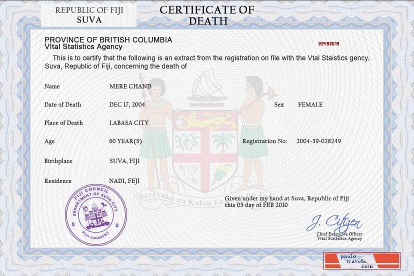 Fiji death certificate PSD template