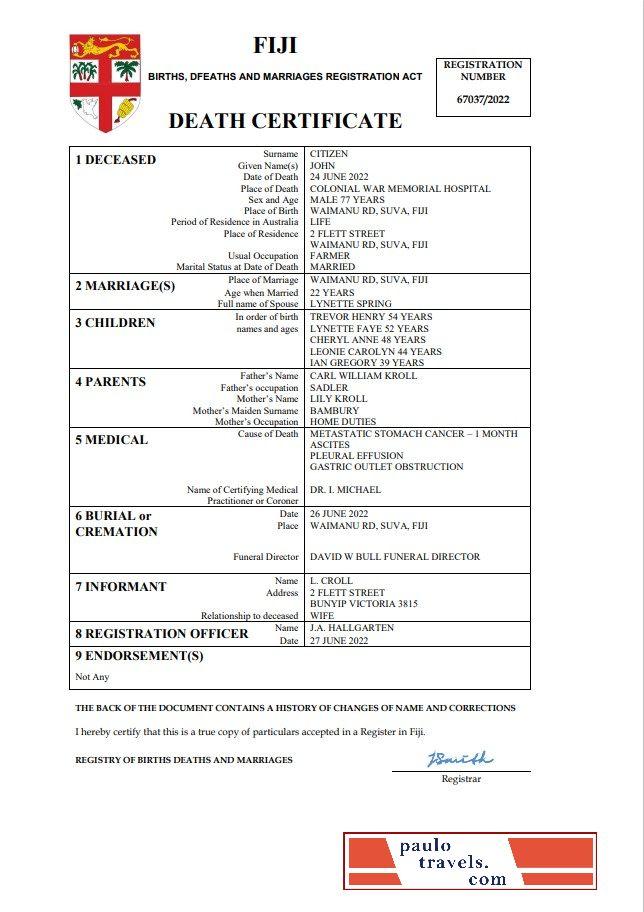 Fiji vital record death certificate Word and PDF template
