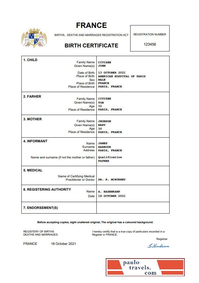 France birth certificate Word and PDF template