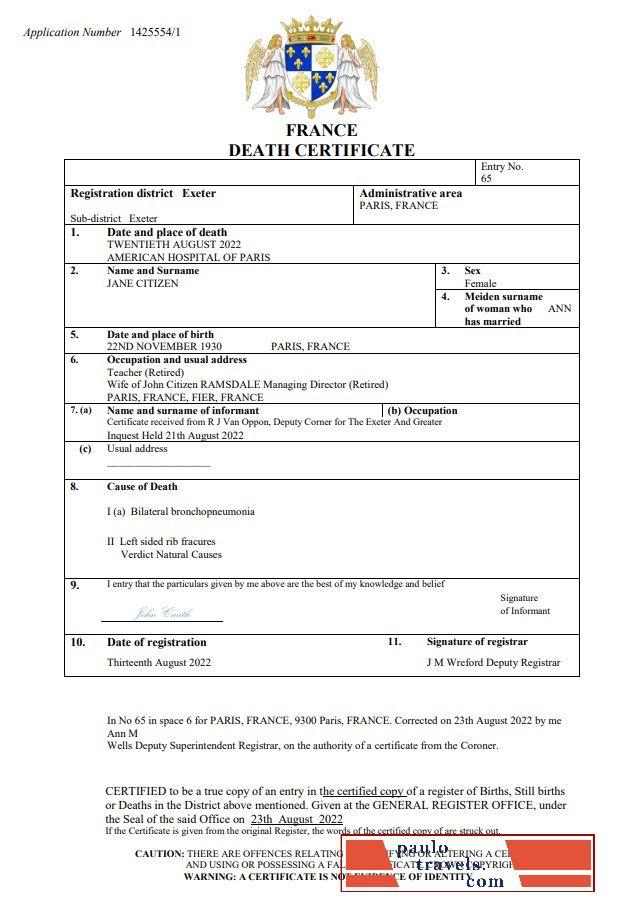 France vital record death certificate Word and PDF template