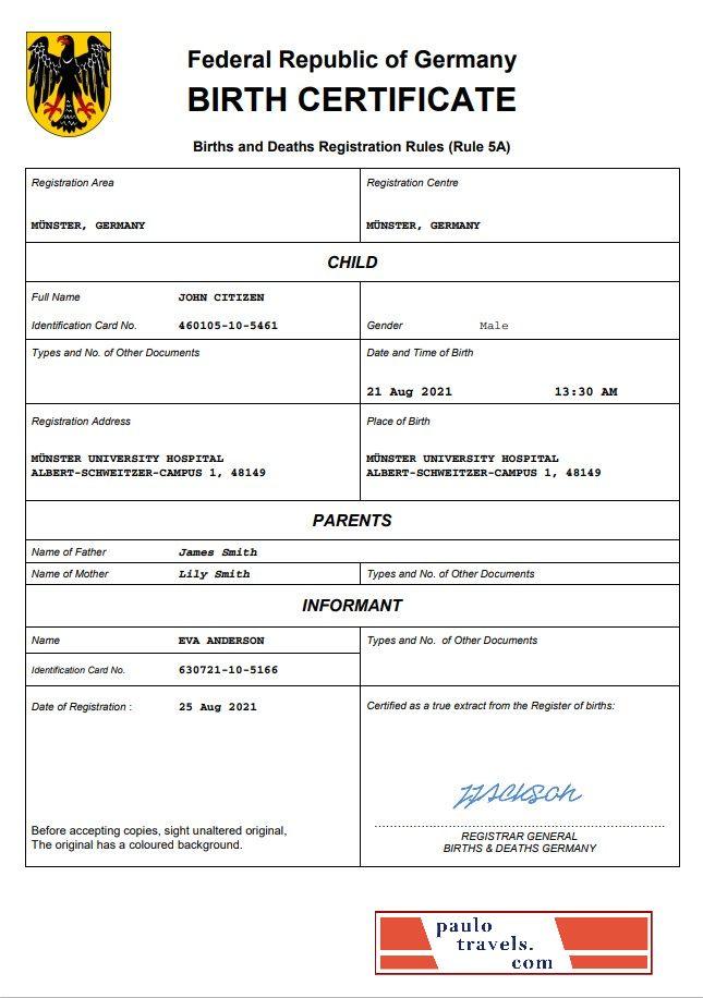 Germany birth certificate Word and PDF template