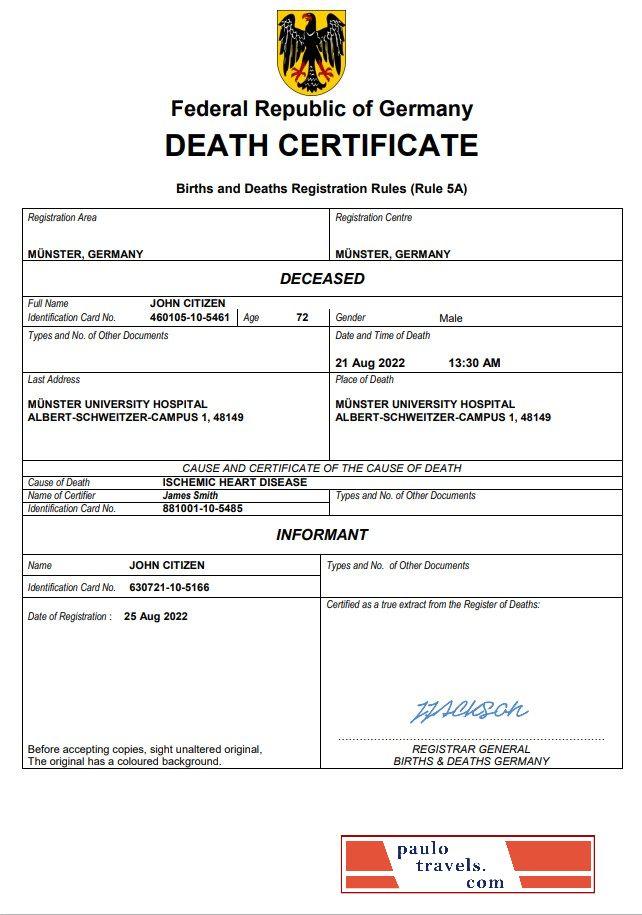 Germany death certificate Word and PDF template