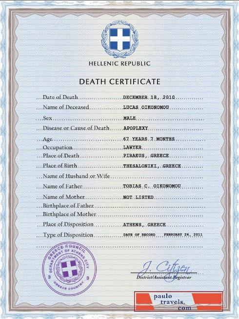 Greece vital record death certificate PSD template