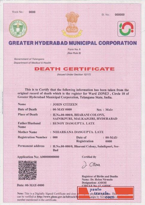 India death certificate template in PSD format, fully editable