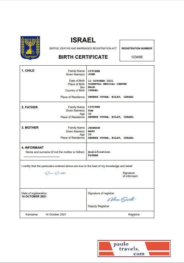 Israel vital record birth certificate Word and PDF template