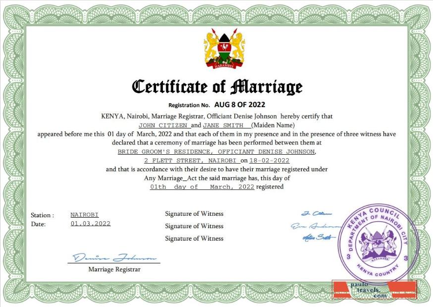 Kenya marriage certificate Word and PDF template