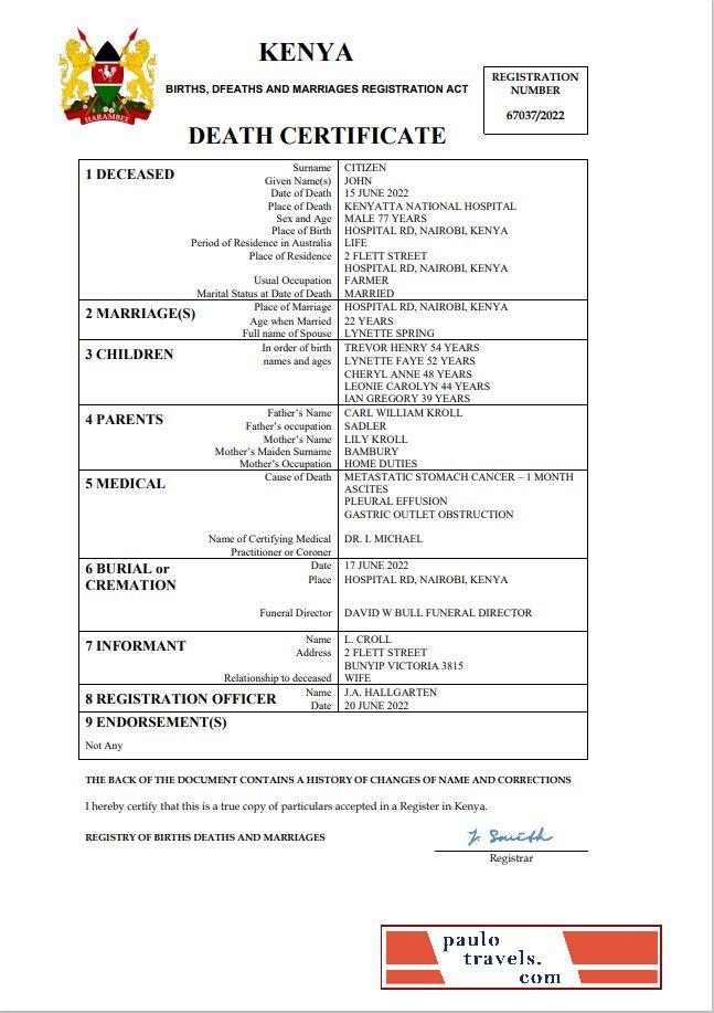 Kenya vital record death certificate Word and PDF template