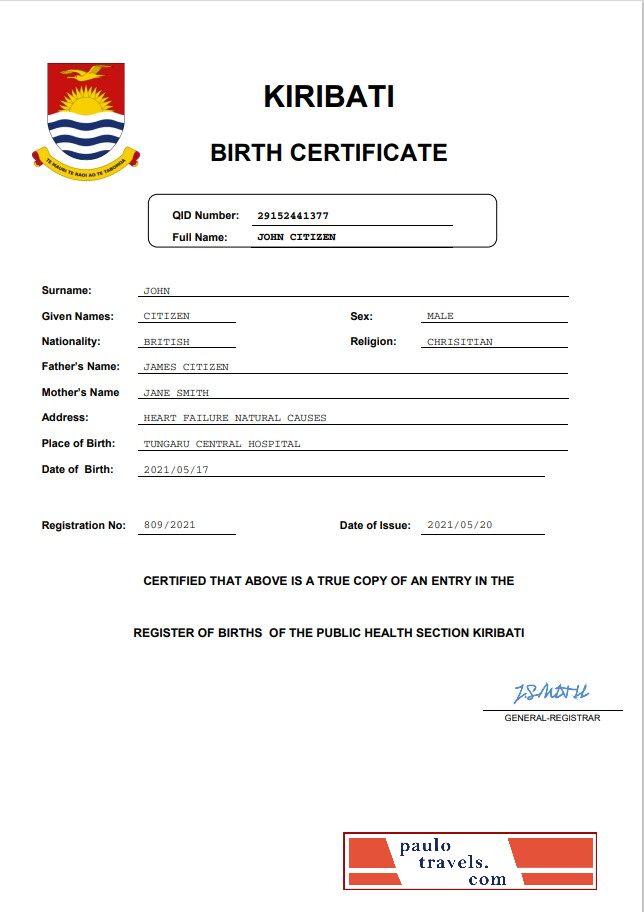 Kiribati birth certificate Word and PDF template