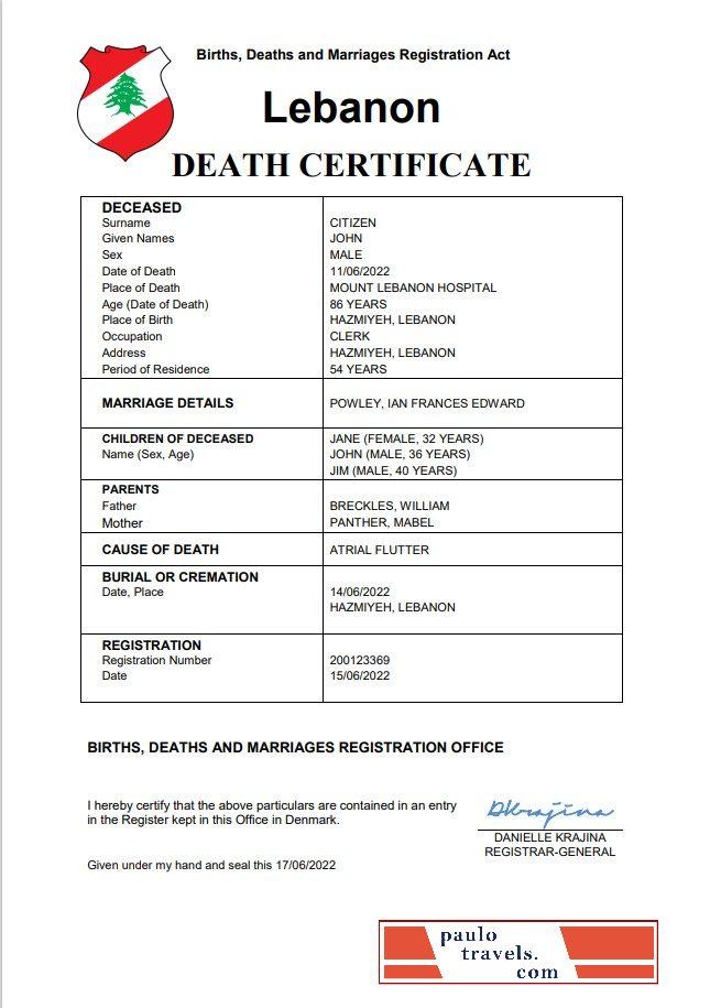Lebanon death certificate Word and PDF template