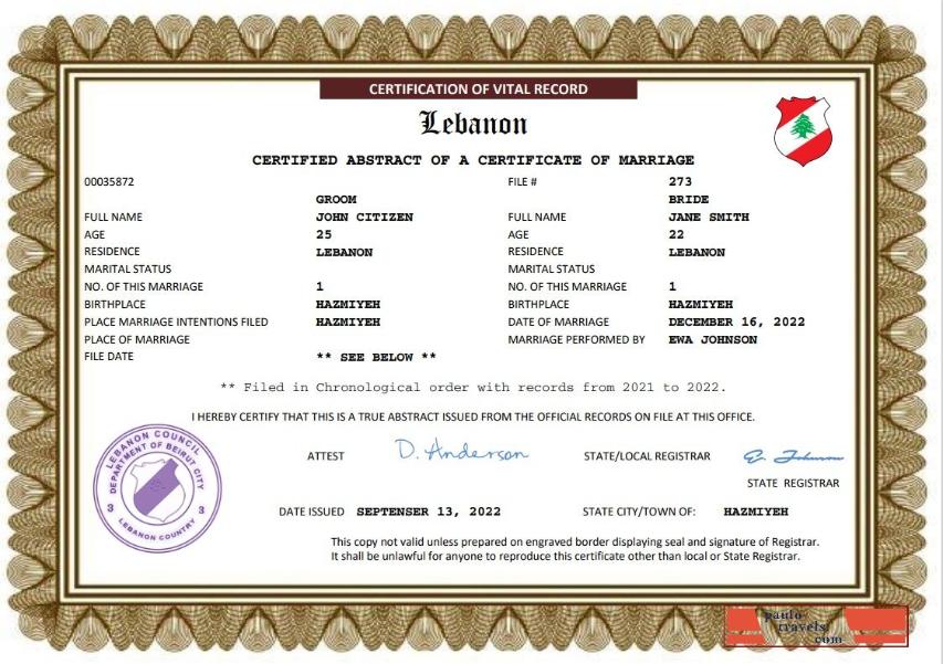 Lebanon marriage certificate Word and PDF template
