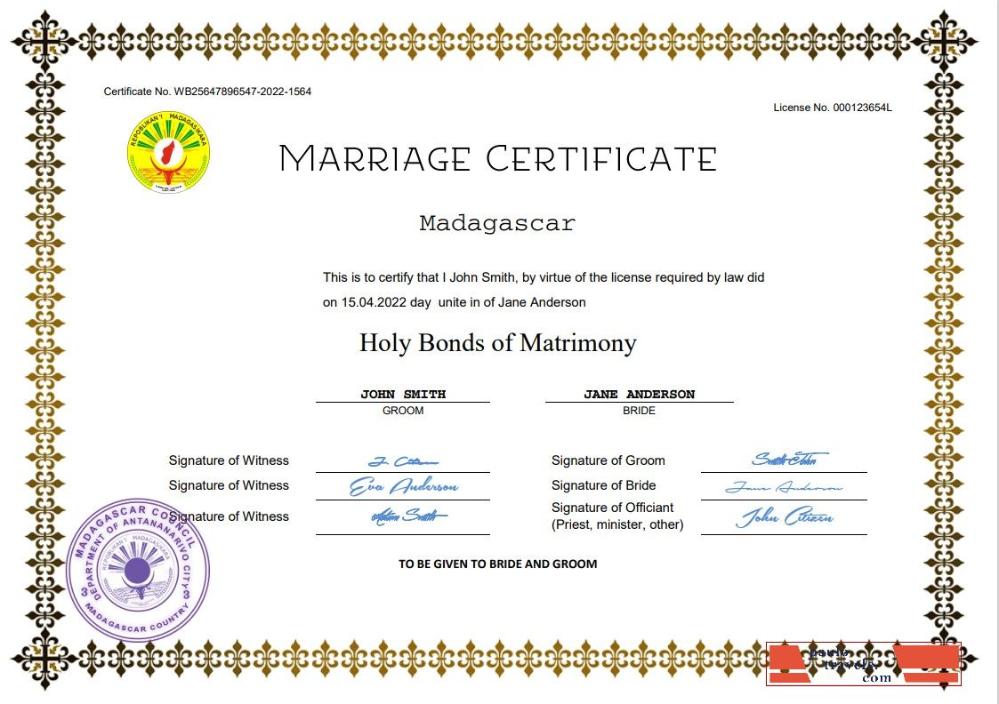 Madagascar marriage certificate Word and PDF template
