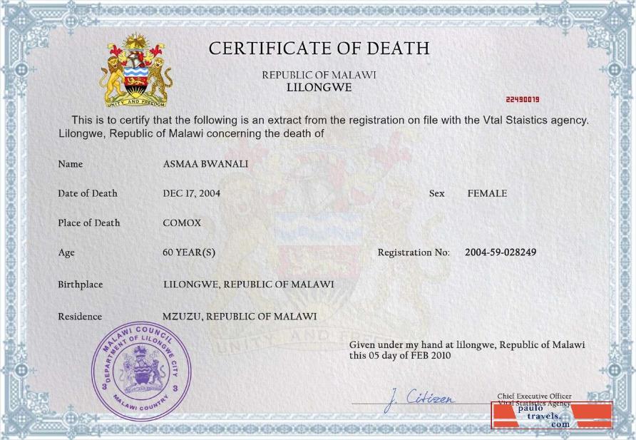 Malawi death certificate