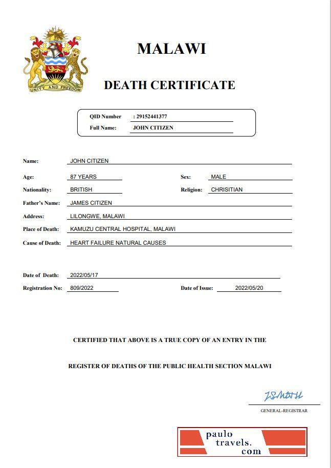 Malawi vital record death certificate Word and PDF template