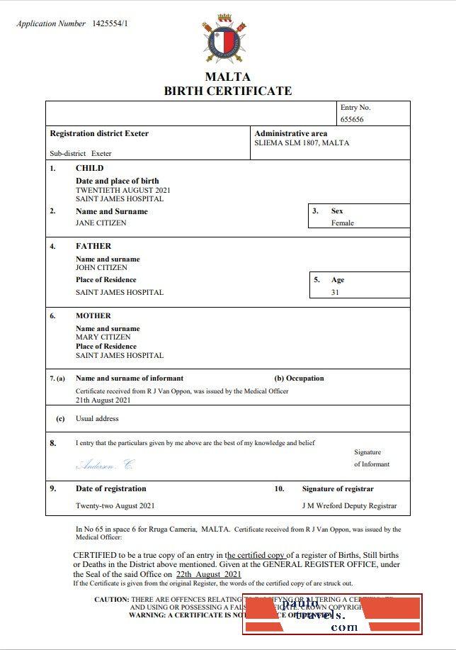 Malta birth certificate Word and PDF template