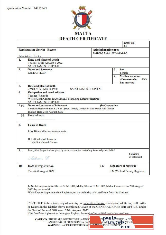 Malta death certificate Word and PDF template